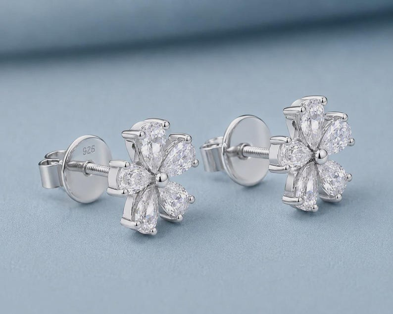 14k Gold Pear Cut Diamond Flower Earrings, Lab Grown Studs, Solid Gold ...