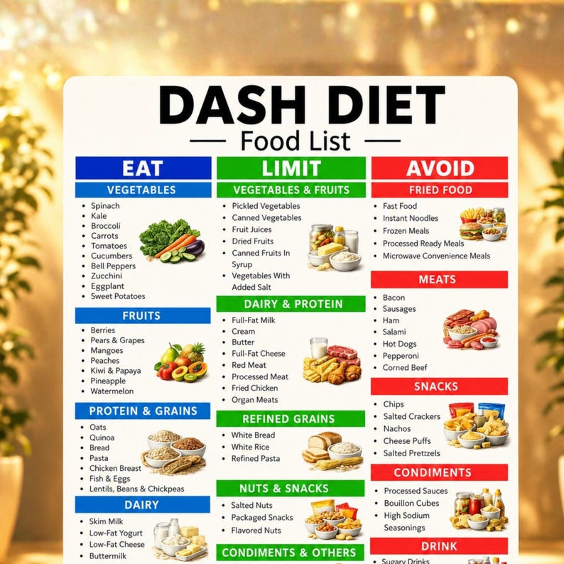 DASH Diet Food List Printable | Eat Limit Avoid Chart (instant Download ...