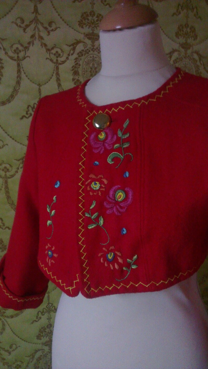 100 % Red Wool Crop Bolero Jacket Folcklore Style Handembroidered - Etsy