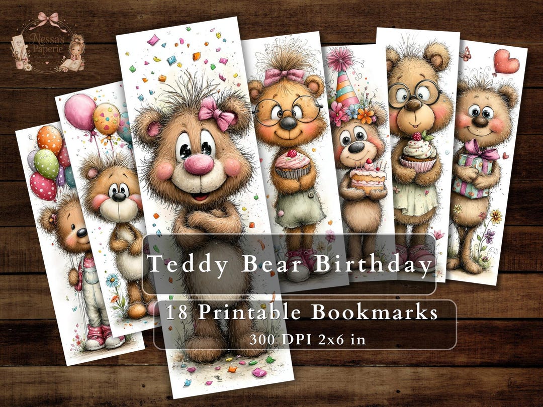18 Teddy Bear Birthday Bookmarks, Kids Party Favors, Pastel ...