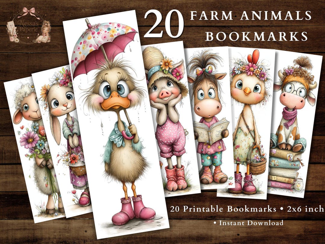 20 Farm Animals Bookmarks Printable Set, Cow Pig Chicken Sheep Horse ...