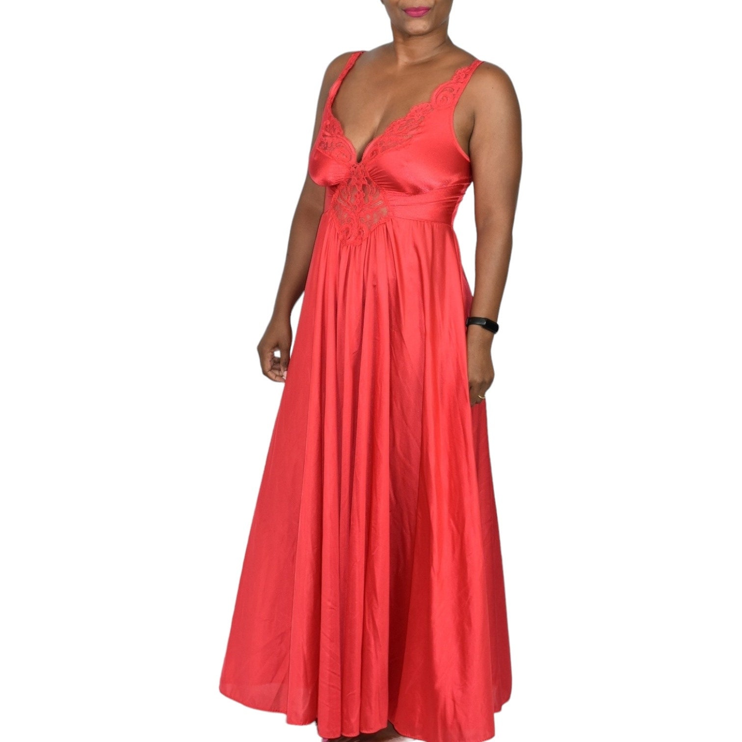 Olga Nightgown Set Red Peignoir Vintage Silky Lace Full Sweep Nylon ...