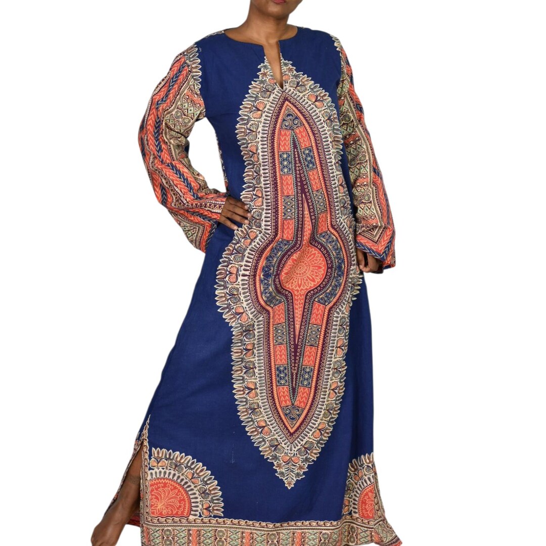 Vintage Dashiki Pakistan Caftan Dress Blue Kaftan 70s Maxi Dress Kimono ...