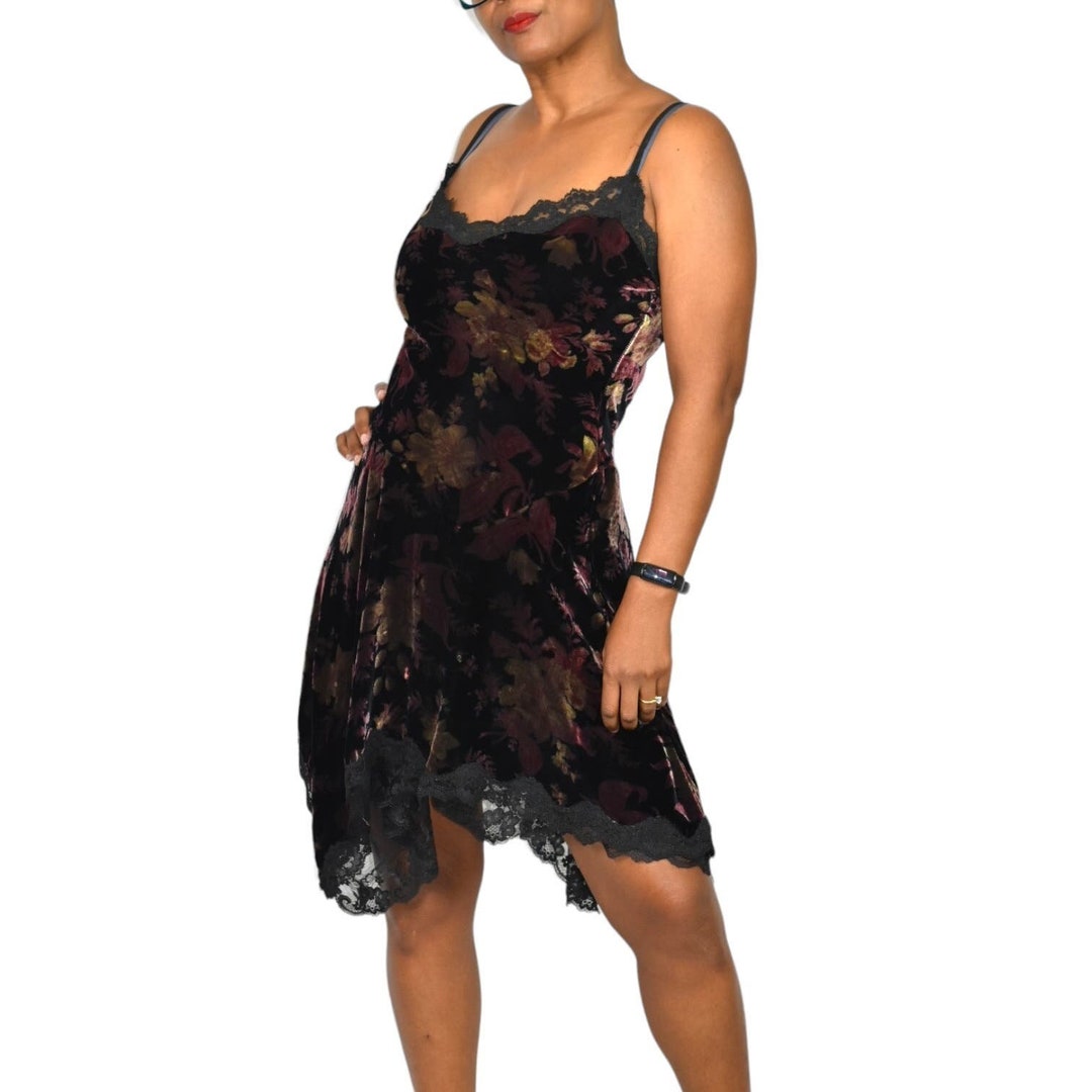 Betsey Johnson Floral Slip Dress Black Velvet Asymmetric Hem Pixie Lace ...