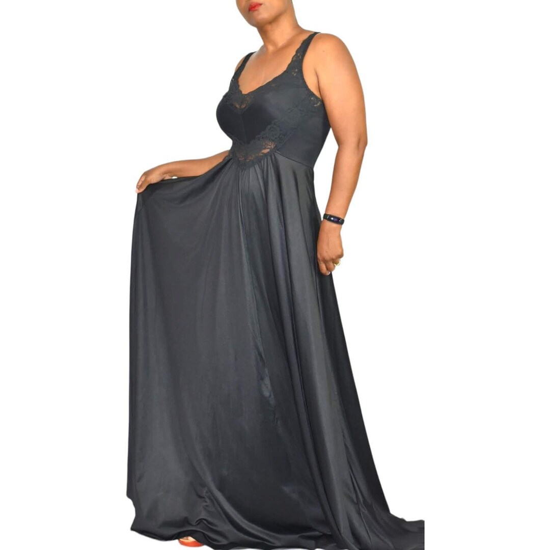 Undercover Wear Nightgown Vintage Black Silky Satin Lace Full Sweep ...