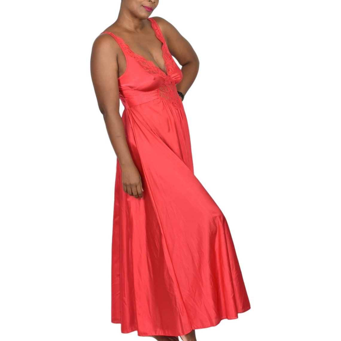 Olga Nightgown Set Red Peignoir Vintage Silky Lace Full Sweep Nylon ...