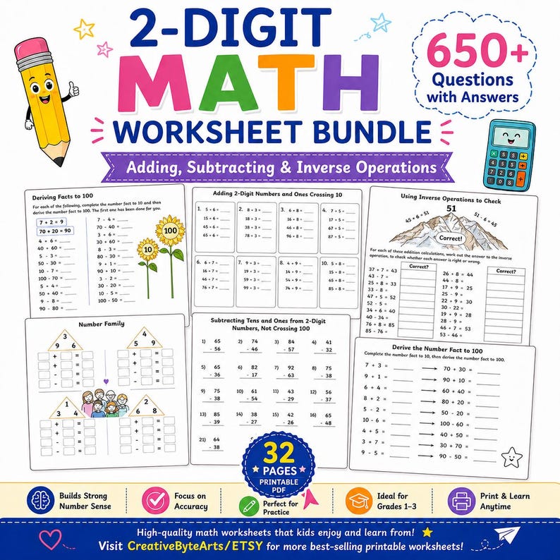 2-digit Math Worksheets Bundle | Addition, Subtraction, Inverse ...