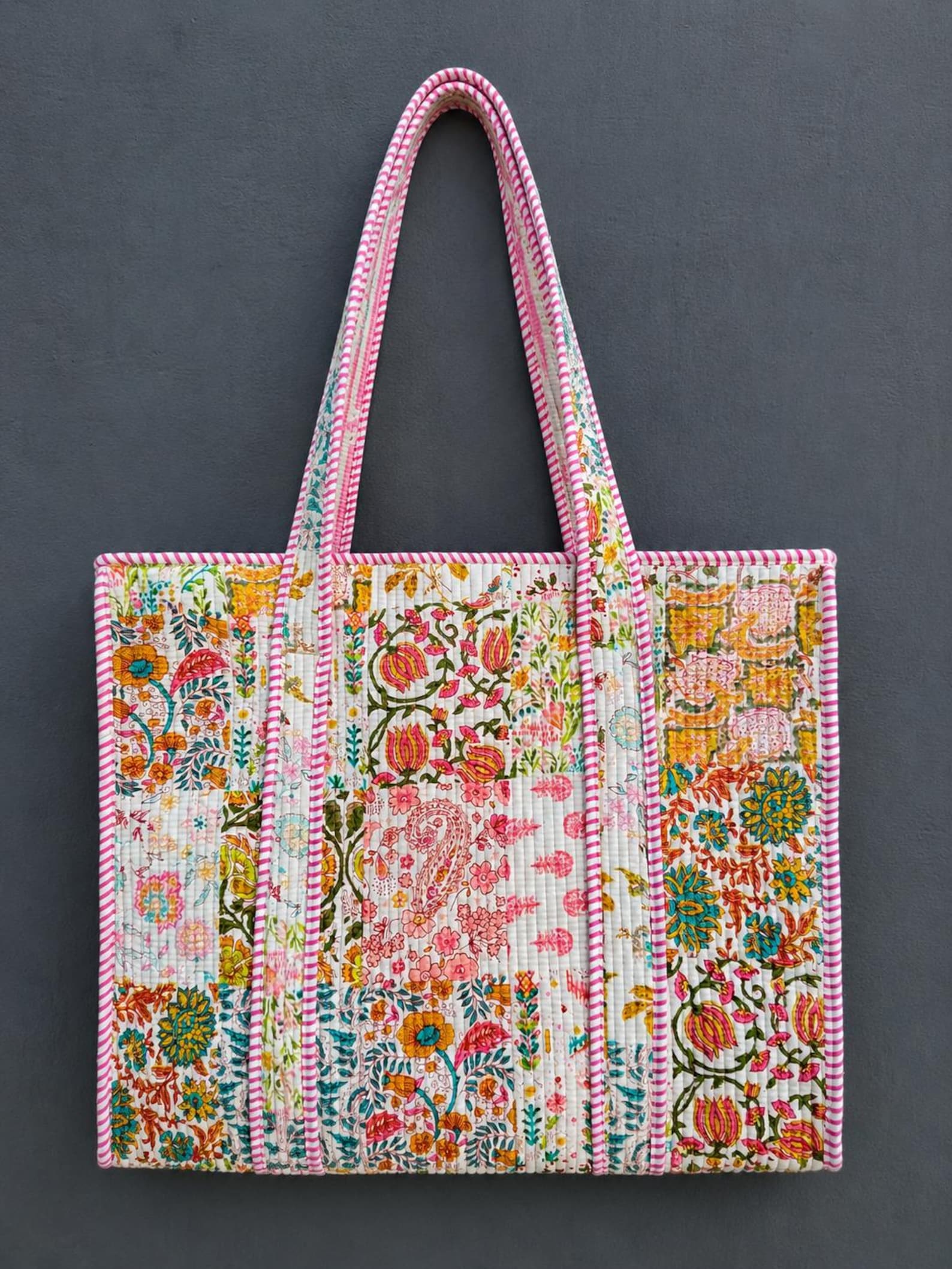 Patchwork Floral Quilted Cotton Tote Bag, Handmade Shoulder Market Bag ...