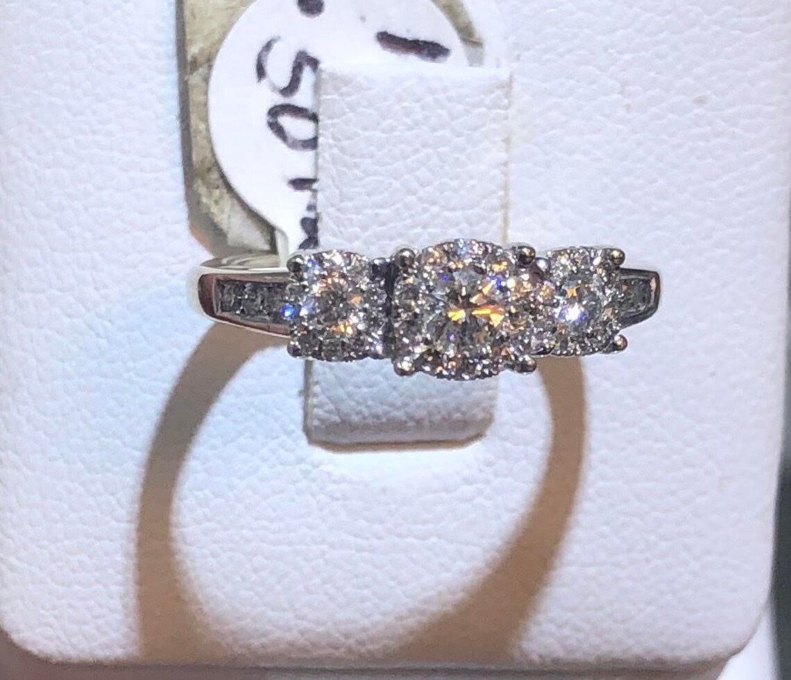 Three Stone Halo Ring Engagement Ring Wedding Ring Diamond - Etsy