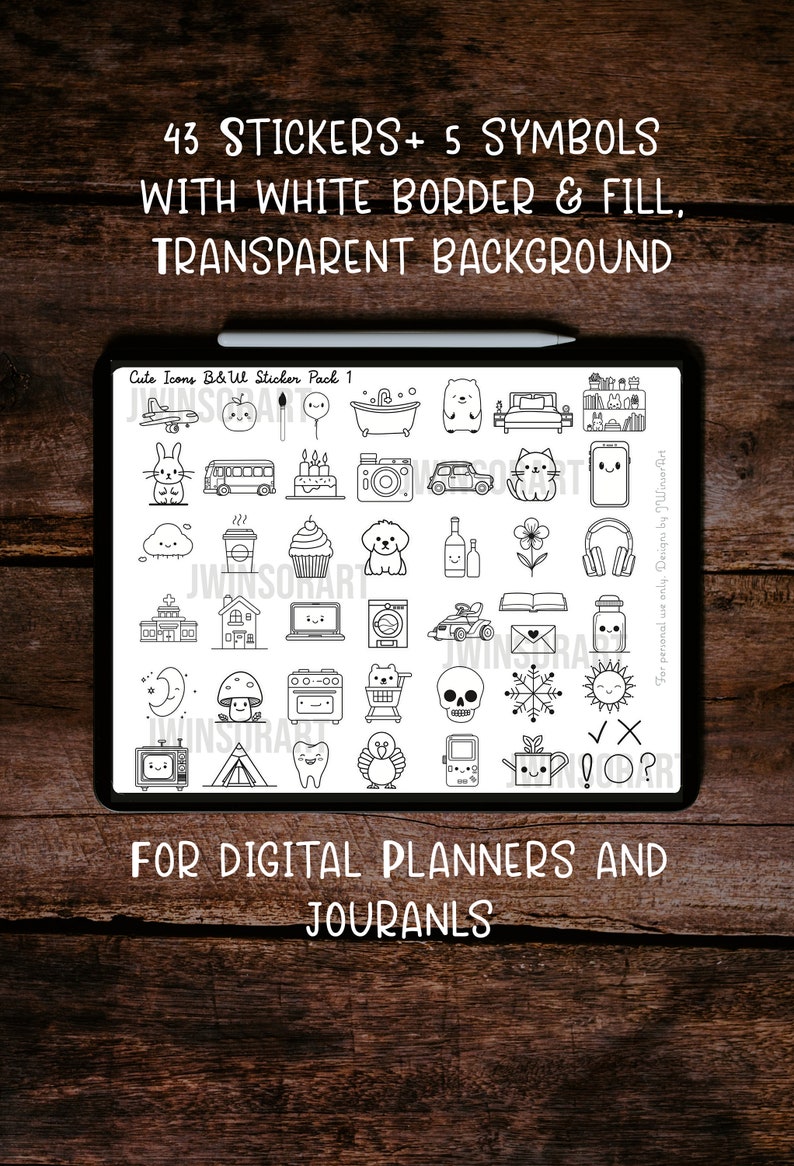 Cute Digital Stickers B&W Goodnotes Onenote Instant Digital Download ...