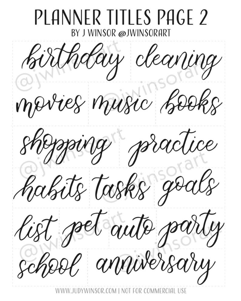Planner Words Titles Categories Headers Bouncy Calligraphy Printable ...