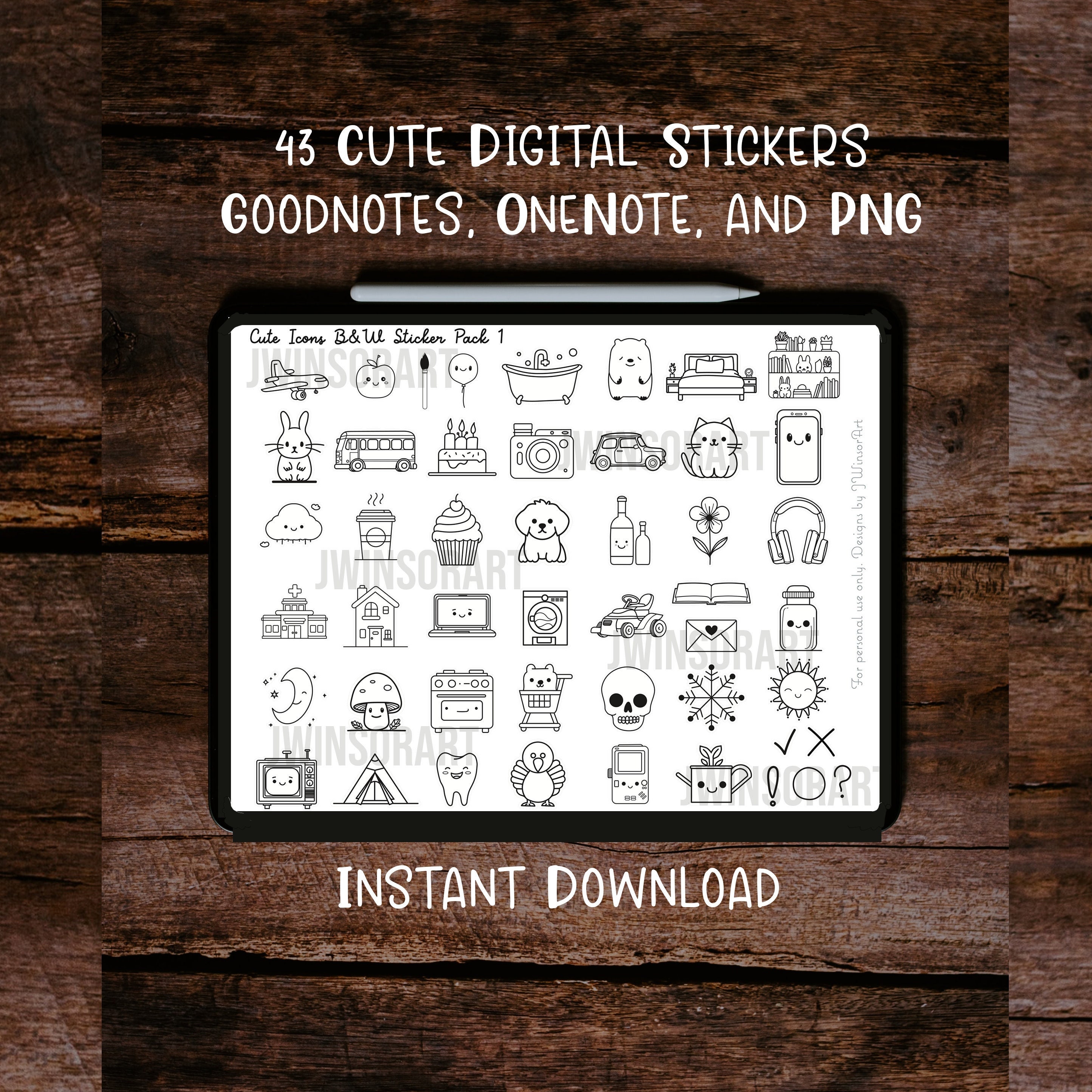 Cute Digital Stickers B&W Goodnotes Onenote Instant Digital Download ...