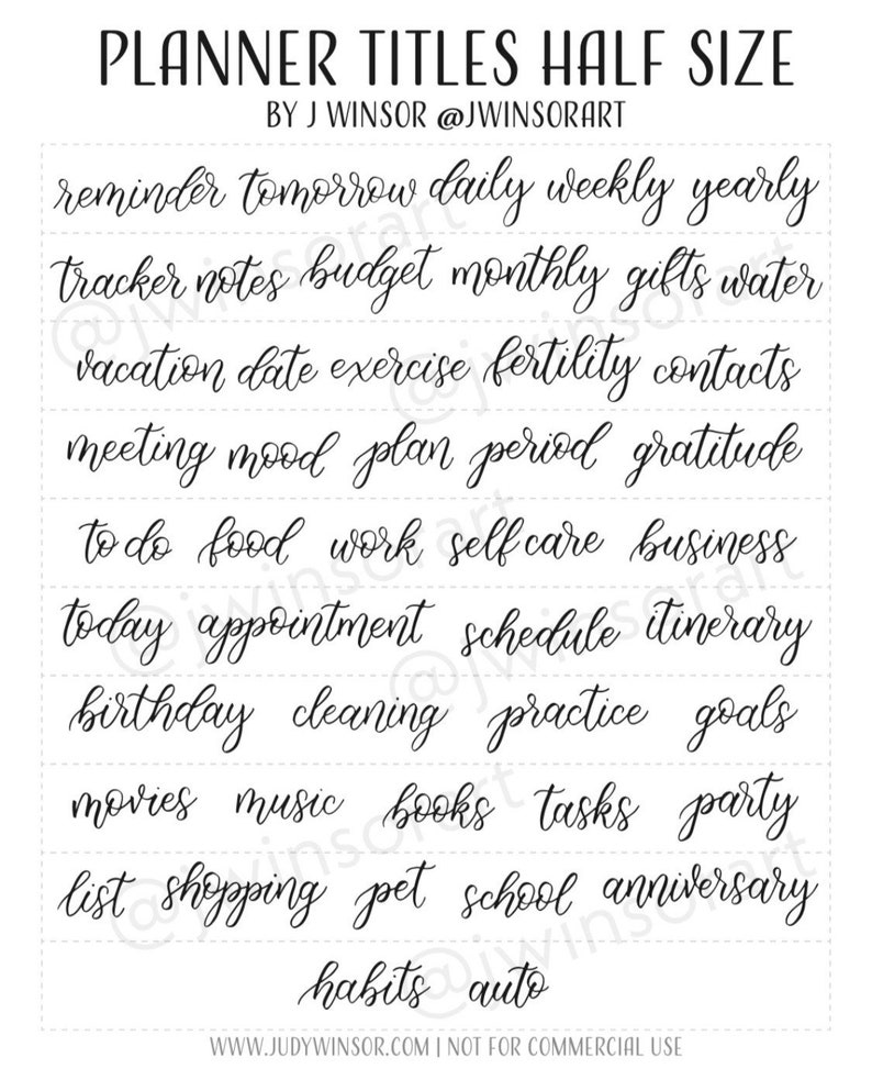 Planner Words Titles Categories Headers Bouncy Calligraphy Printable ...