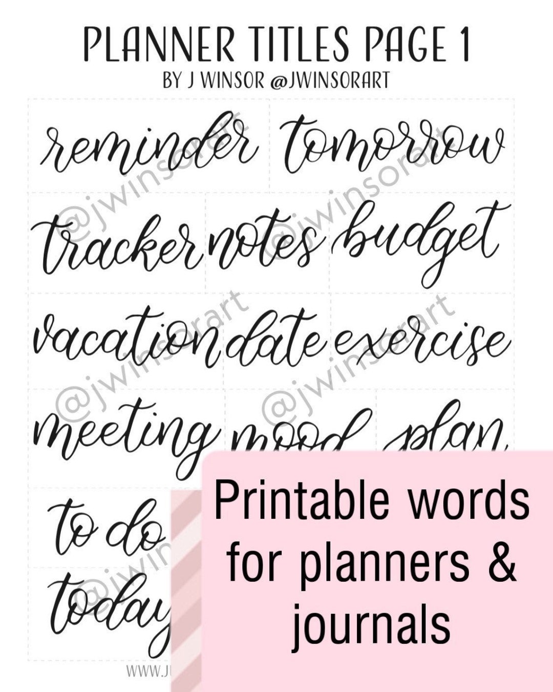 Planner Words Titles Categories Headers Bouncy Calligraphy Printable ...
