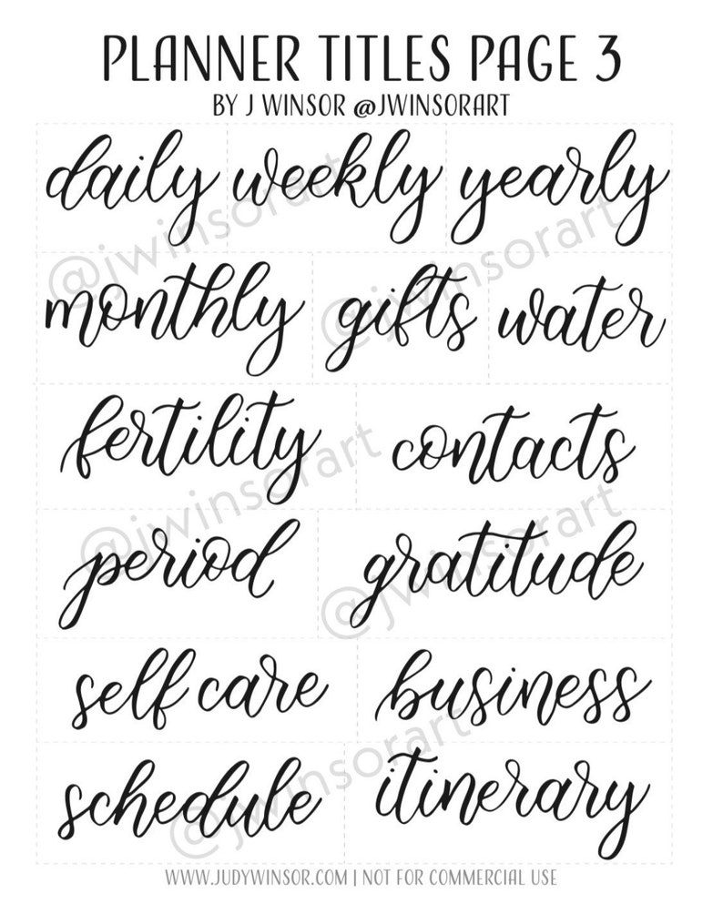 Planner Words Titles Categories Headers Bouncy Calligraphy Printable ...
