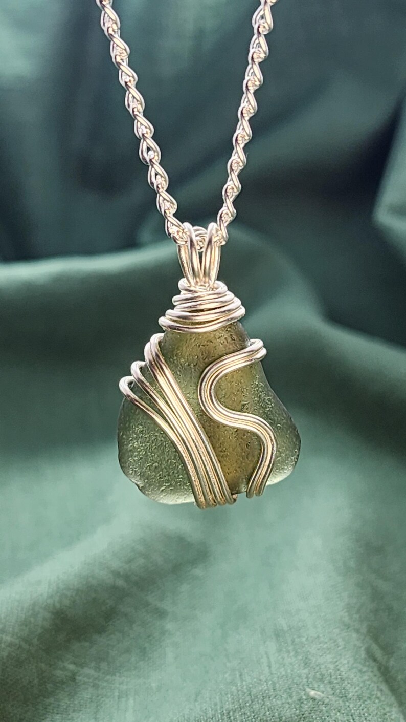Dark Green Cornwall Sea Glass Pendant Necklace, Silver-plated Wire ...