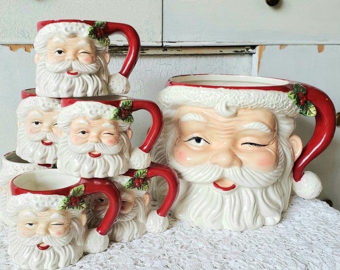Vintage Cracker Barrel Winking Santa Mugs and Punch Bowl Set 6 Cups 90s ...