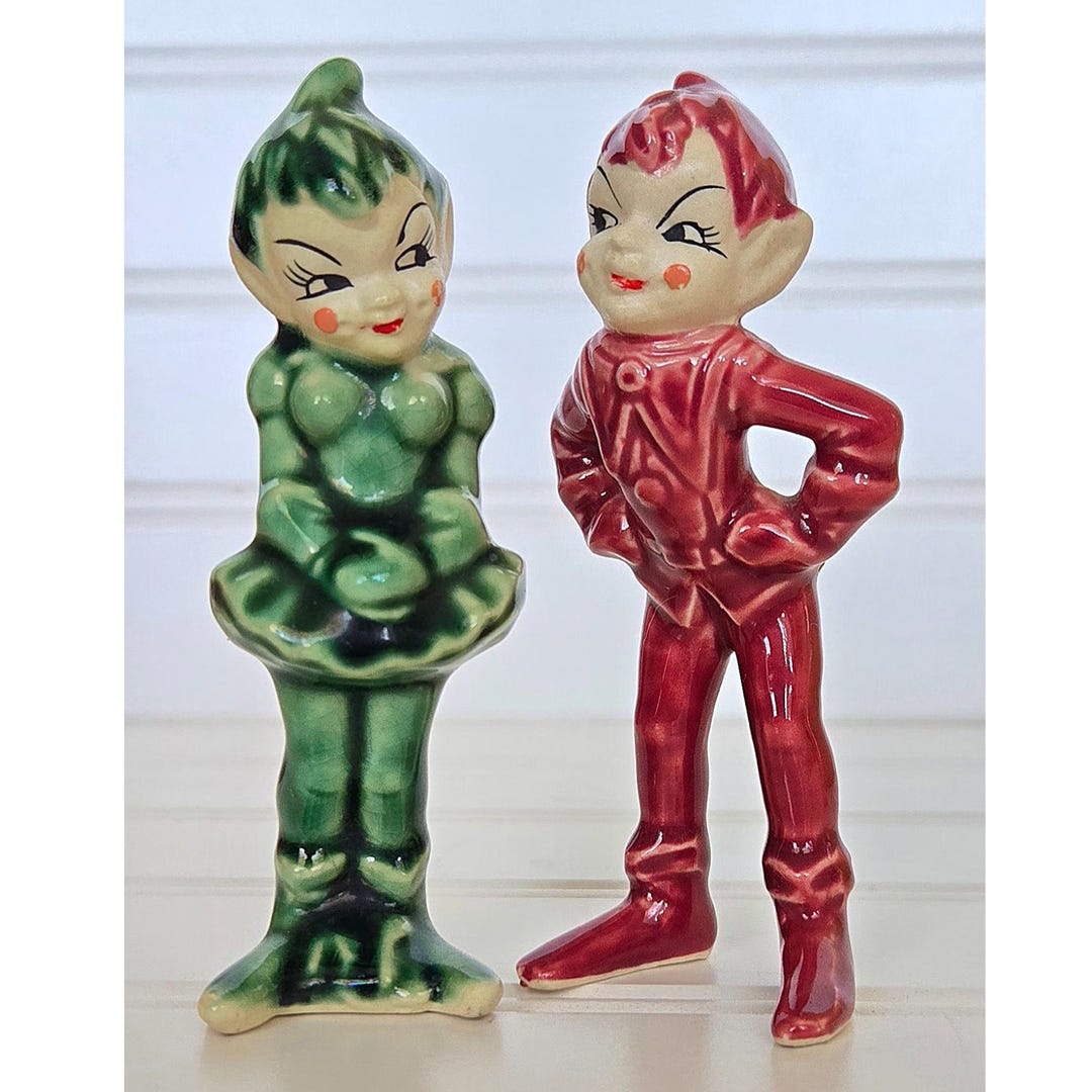 Vintage Gilner Elf Pixies Couple Figurines Girl Boy Japan Green Red ...