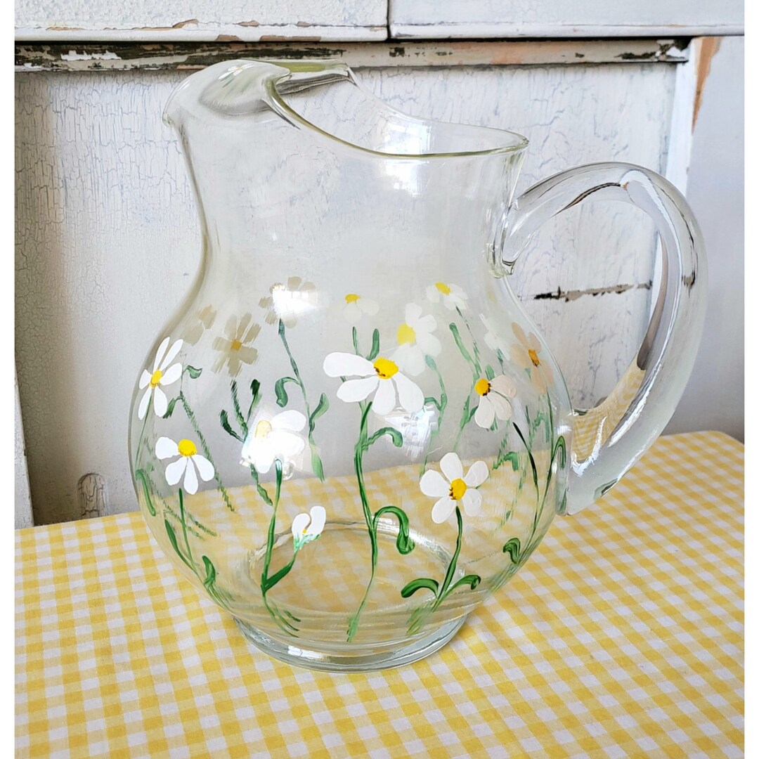 Daisy Glass Pitcher Hand Painted Daisies Flowers Clear Glas Round Ball ...