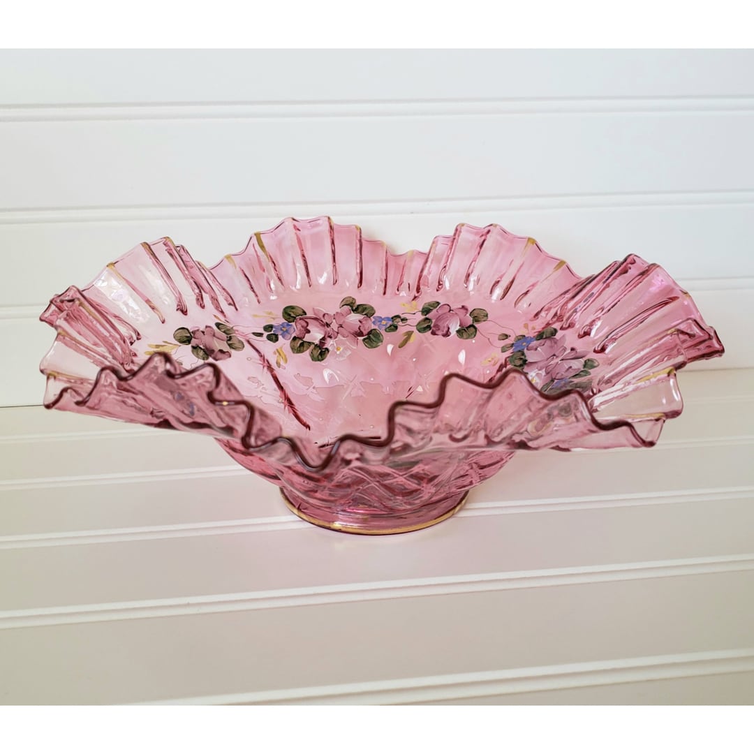 Vintage Fenton Pink Ruffled Edge Bowl Hand Painted Iridescent Flowers ...