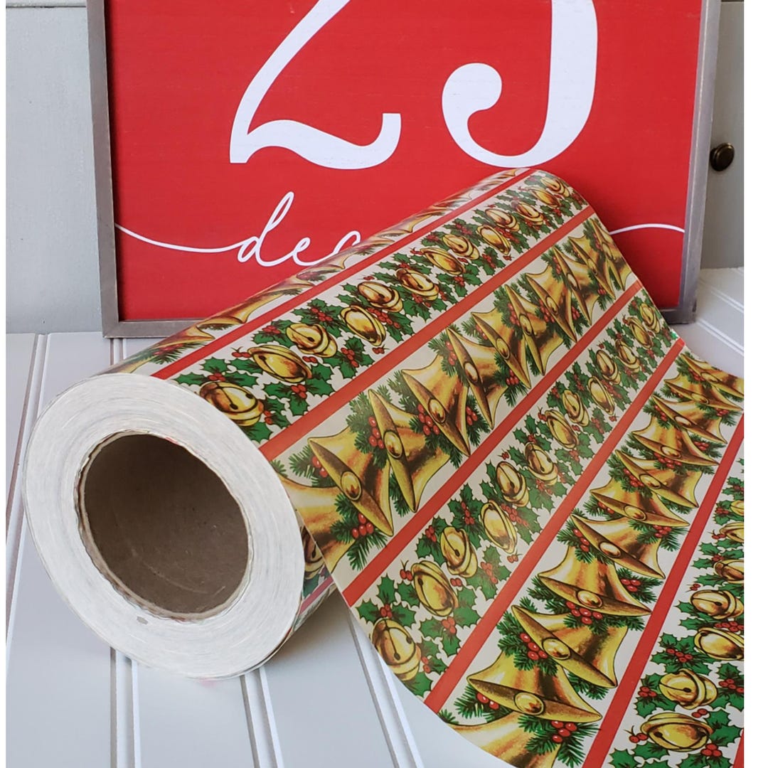 Vintage Christmas Department Store Wrapping Paper Bell Holly Stripes 18 ...