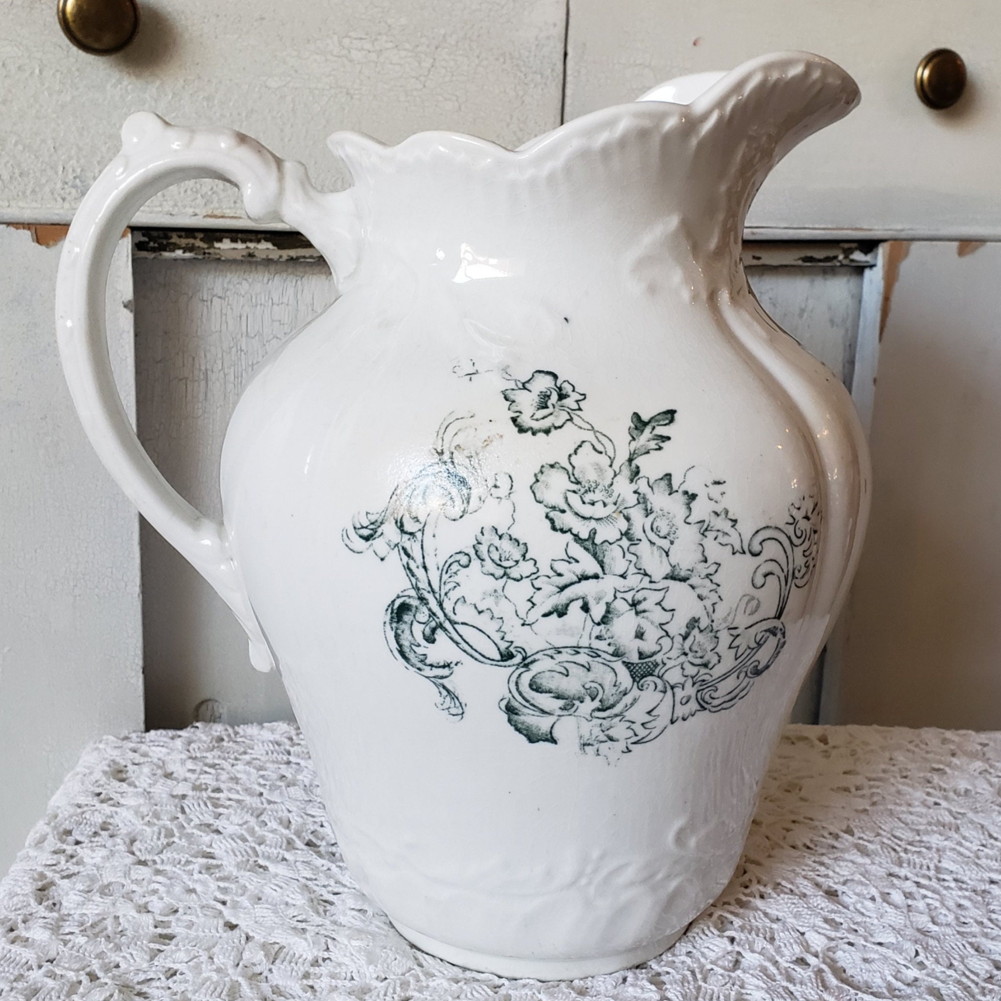Vintage Large Ironstone Pitcher Green Flowers Transferware 11 Inch ...