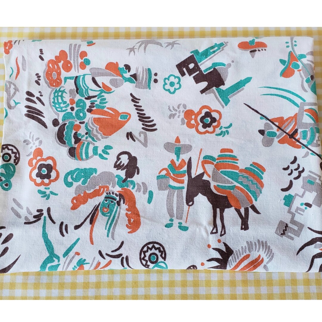 Vintage 1940s Flour Feed Sack Mexican Mexico Print Sombrero Pots Aqua ...