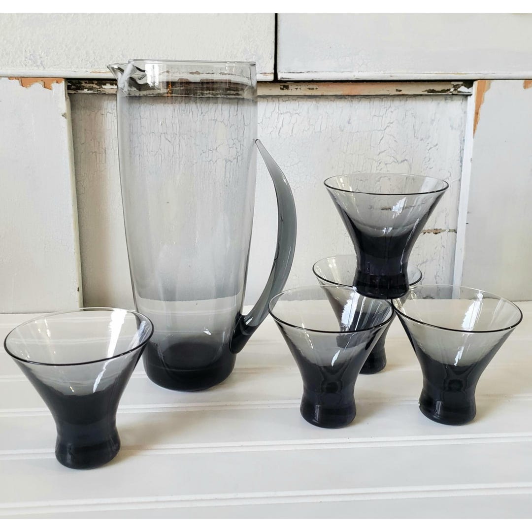 Mid Century Modern Martini Pitcher and Glasses Vintage Smokey Glass ...