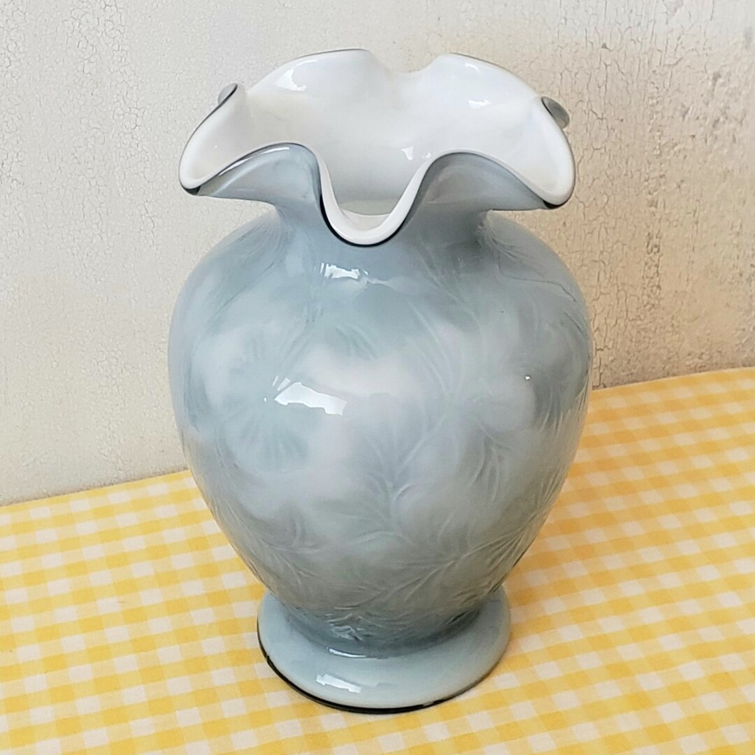 Vintage Fenton Federal Blue Vase Gray Ruffled Overlay Fern and Feather ...