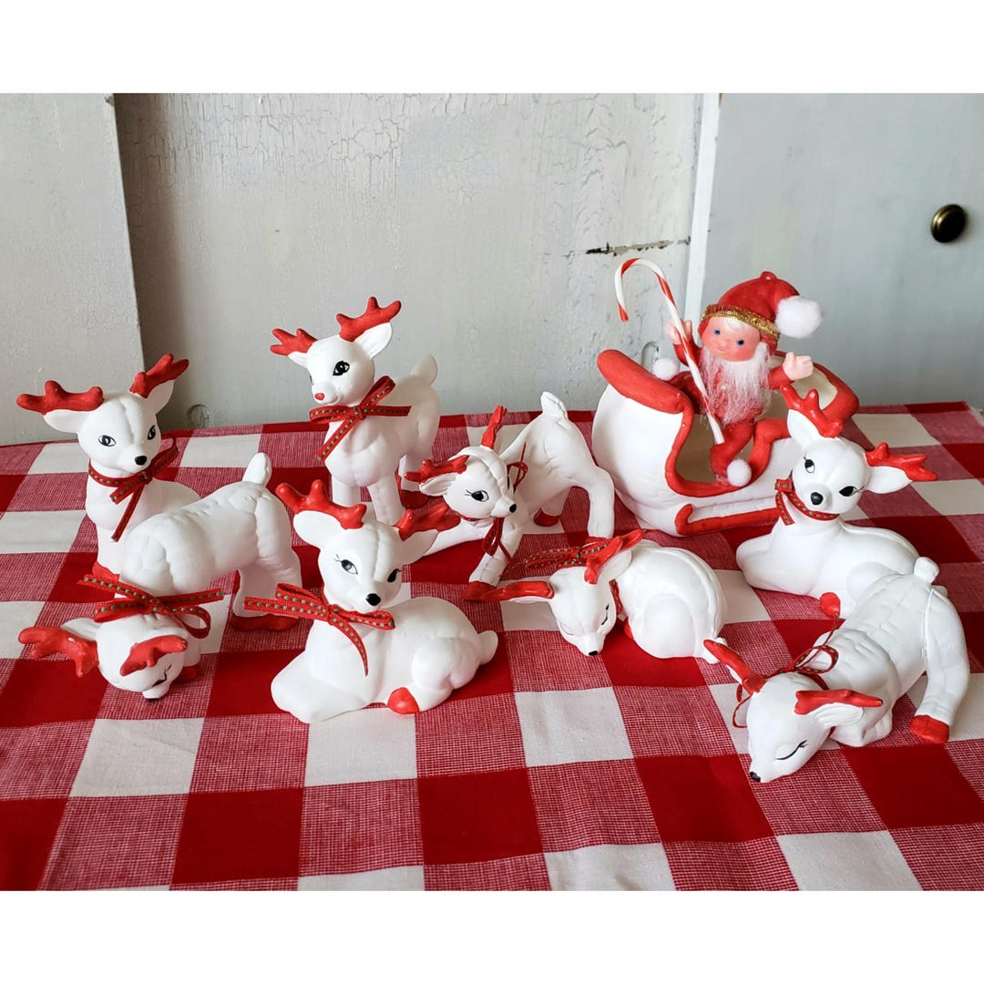 Vintage Kimple Santa Sleigh and Reindeer Figurines 9 Piece Christmas ...