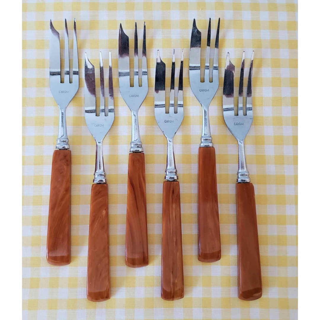 Vintage Set of 6 Chrom Butterscotch Bakelite Handle Forks Retro ...