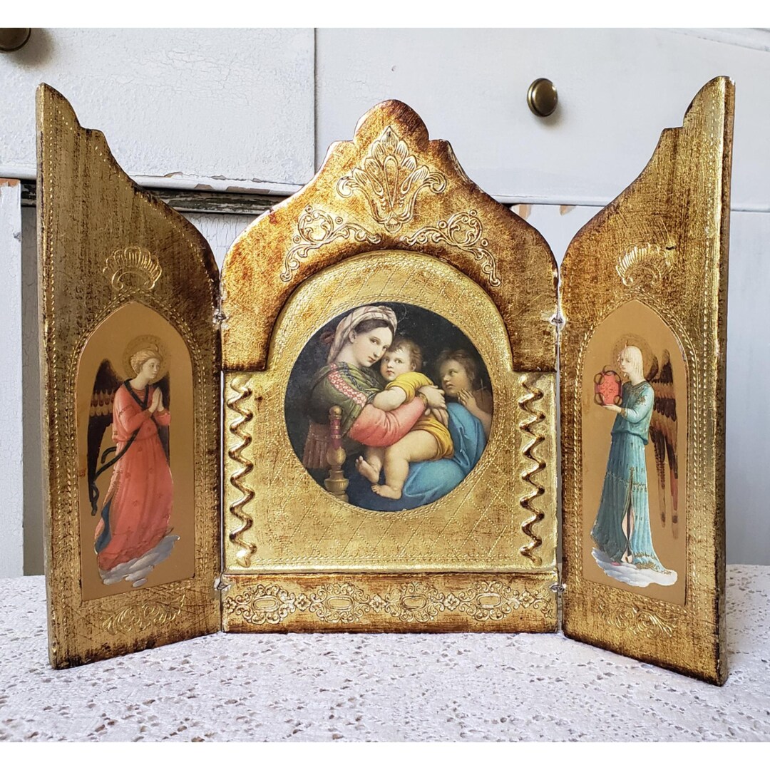 Vintage Florentine Religious Triptych Madonna of the Chair by Raphael With Gold Gilt Tole Wood ...