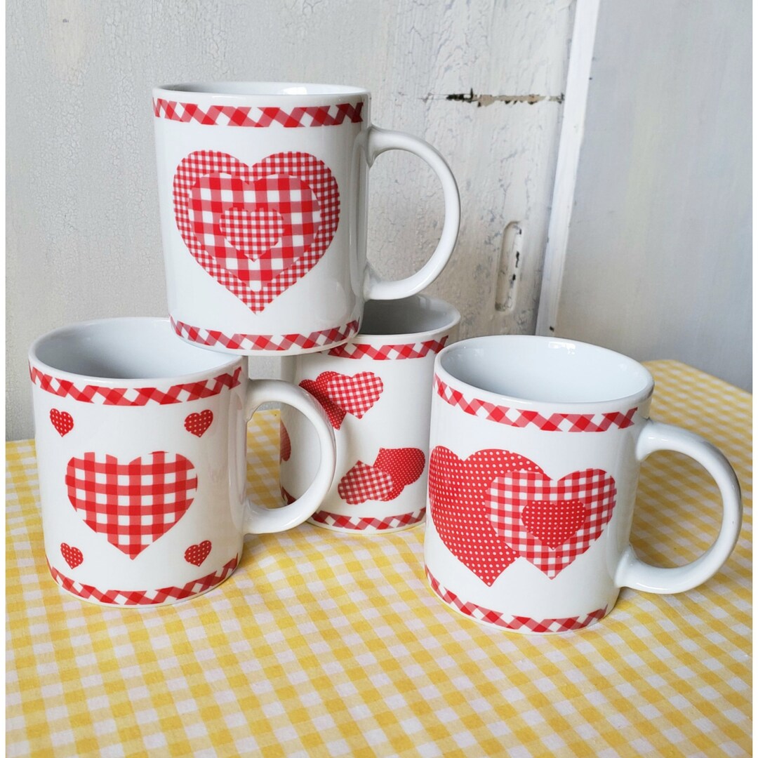 Red Gingham and Polkadot Hearts Coffee Mugs Cups Set of 4 Patchwork ...