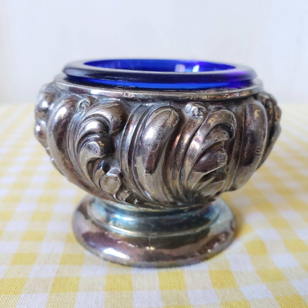 Vintage Cobalt Blue and Silver Salt Cellar Art Deco Glass WB ...