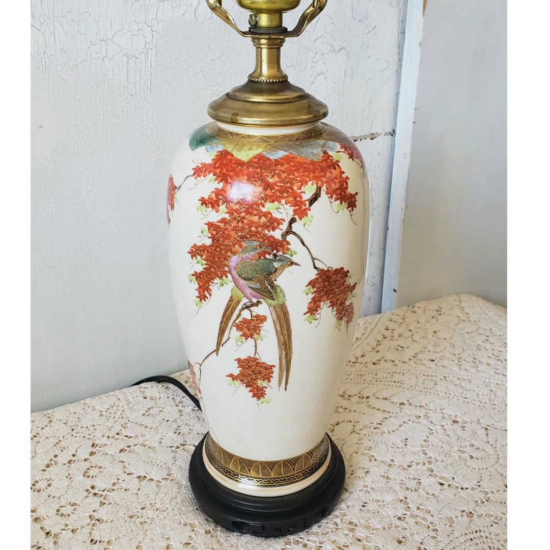 Vintage Asian Lamp Antique Jar Birds Japanese Table Lamp Brass Ceramic ...
