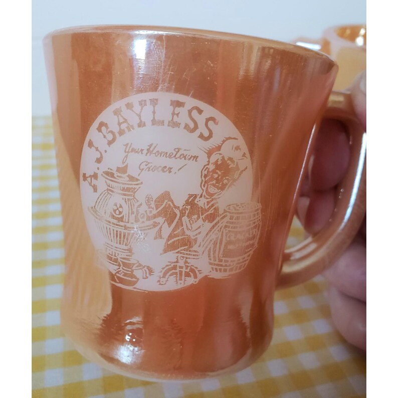 Vintage A J Bayless Fireking Advertising Mug Peach Luster Coffer Cup ...