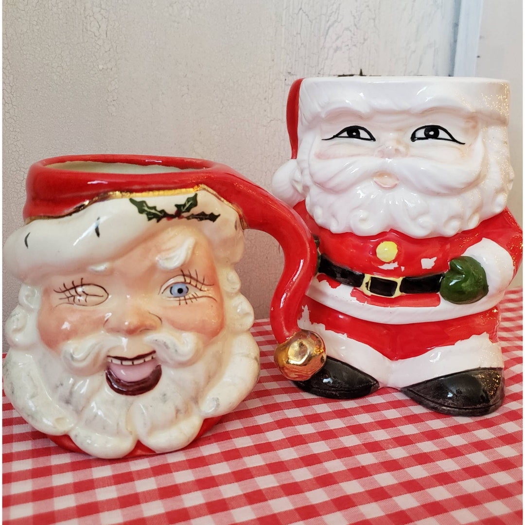 Vintage Winking Santa Mug and Planter Lot Blue Eyes Kitschy - Etsy