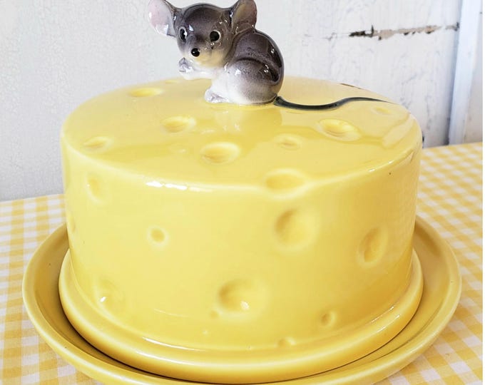 Vintage Covered Cheese Serving Dish Mouse Yellow Ceramic Kitsch Retro ...