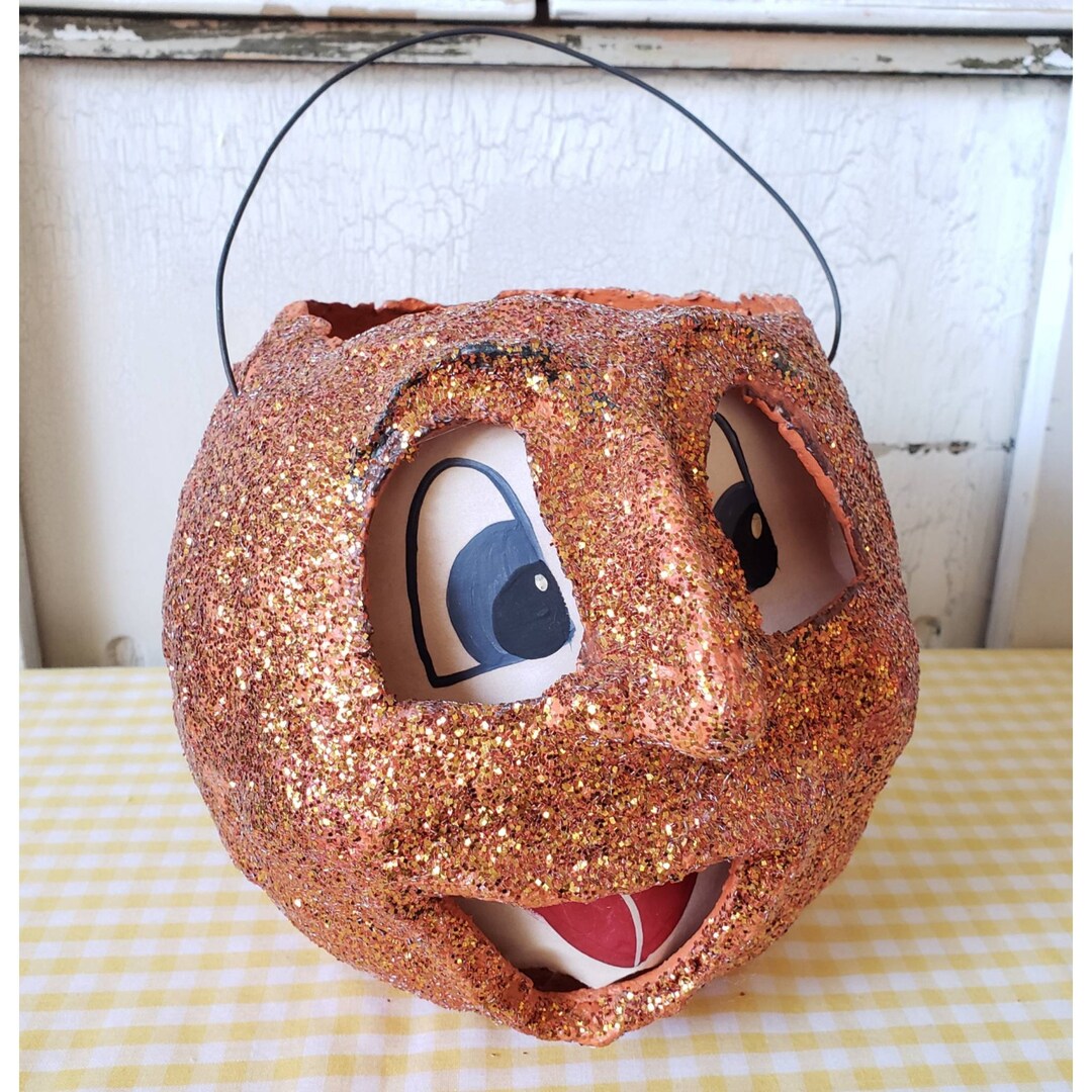 Paper Mache Glitter JOL Pumpkin Vintage Style Halloween Decor Jack O ...