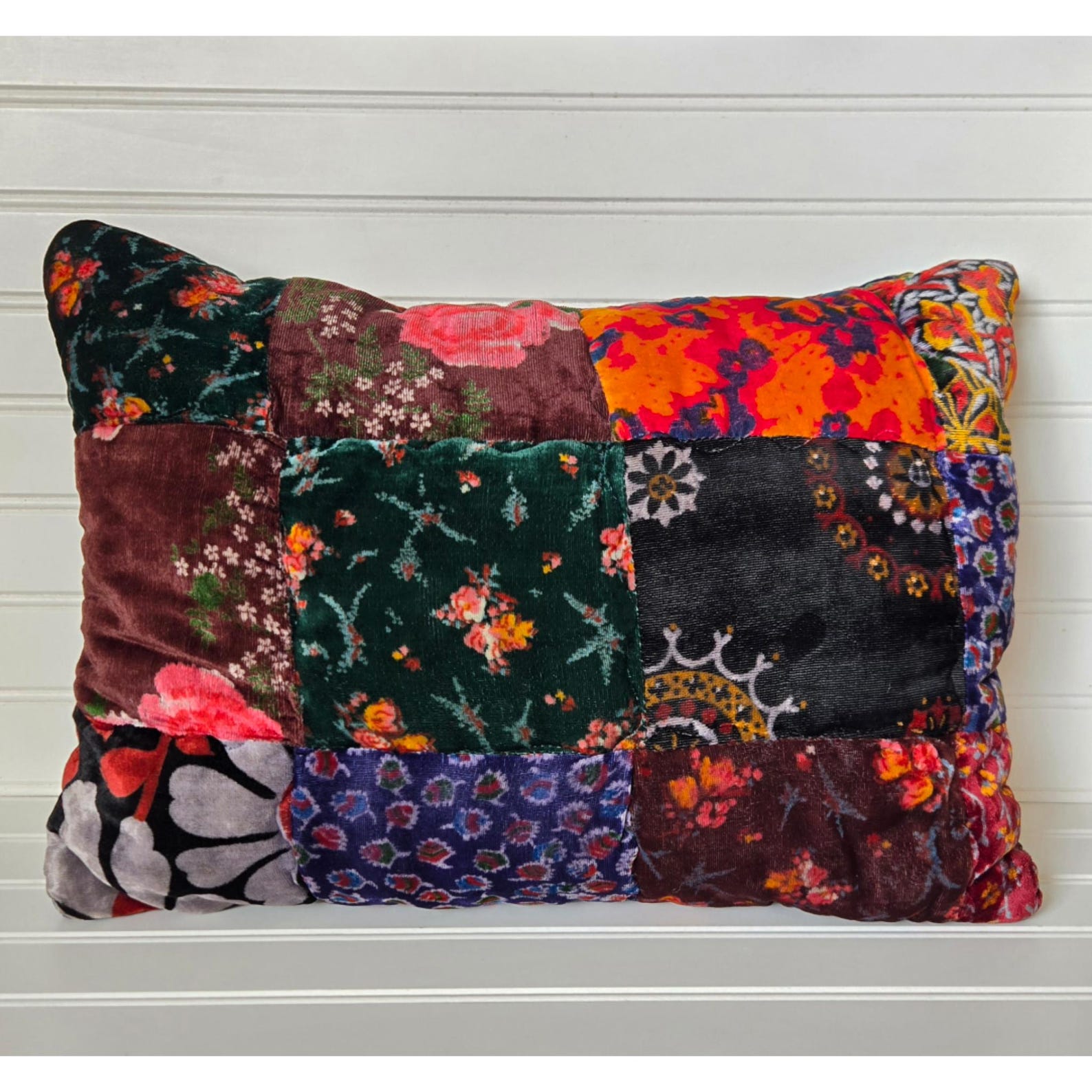 Vintage Velvet Patchwork Quilt Pillow Boho Retro 60s Velveteen Throw ...
