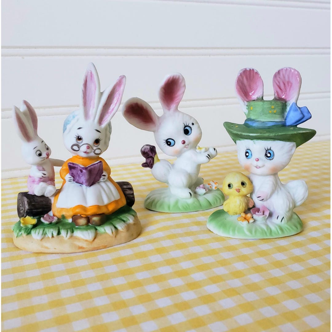 Vintage Easter Bunnies Figurines Lefton Bunny Set of 3 Lot Chick Bird ...