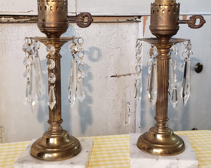 Vintage Pair Brass Lamp With Crystals Antique Marble Base Set of 2 ...