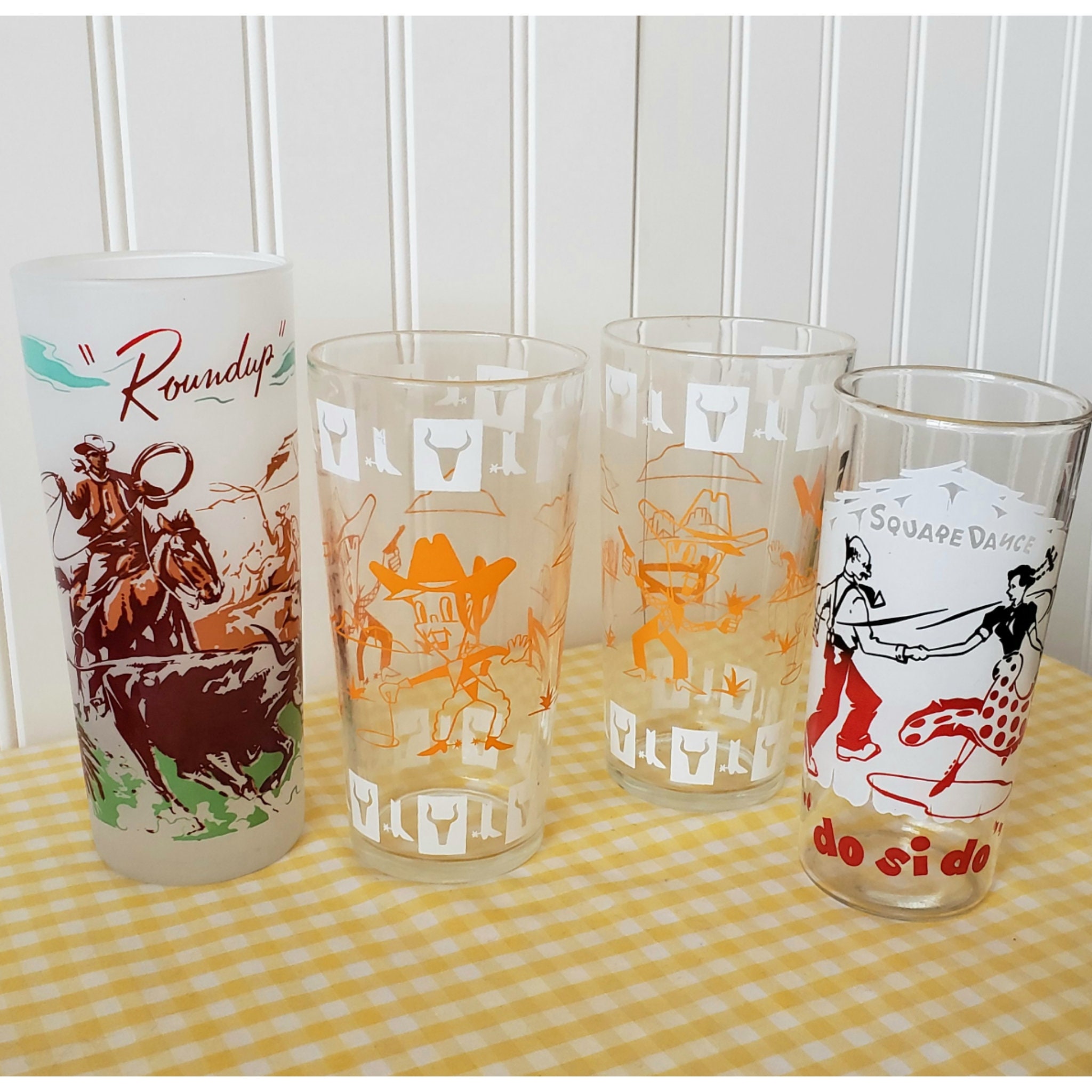 Vintage Lot Western Cowboy Drinking Glasses Hazel Atlas Adventure Boy ...