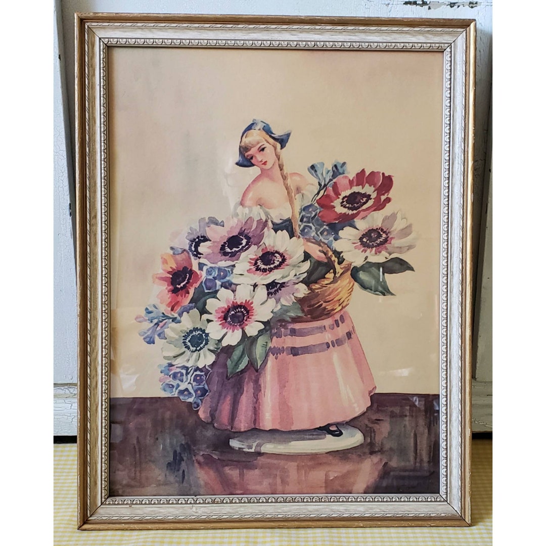 Vintage Large Print of Dutch Girl With Flowers Picture Artist - Etsy