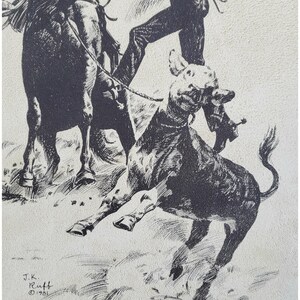 Vintage Cowboy Art Calf Roper Suede Pen Ink Drawing Artist Signed J.K ...