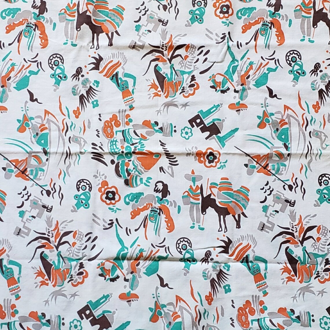 Vintage 1940s Flour Feed Sack Mexican Mexico Print Sombrero Pots Aqua ...