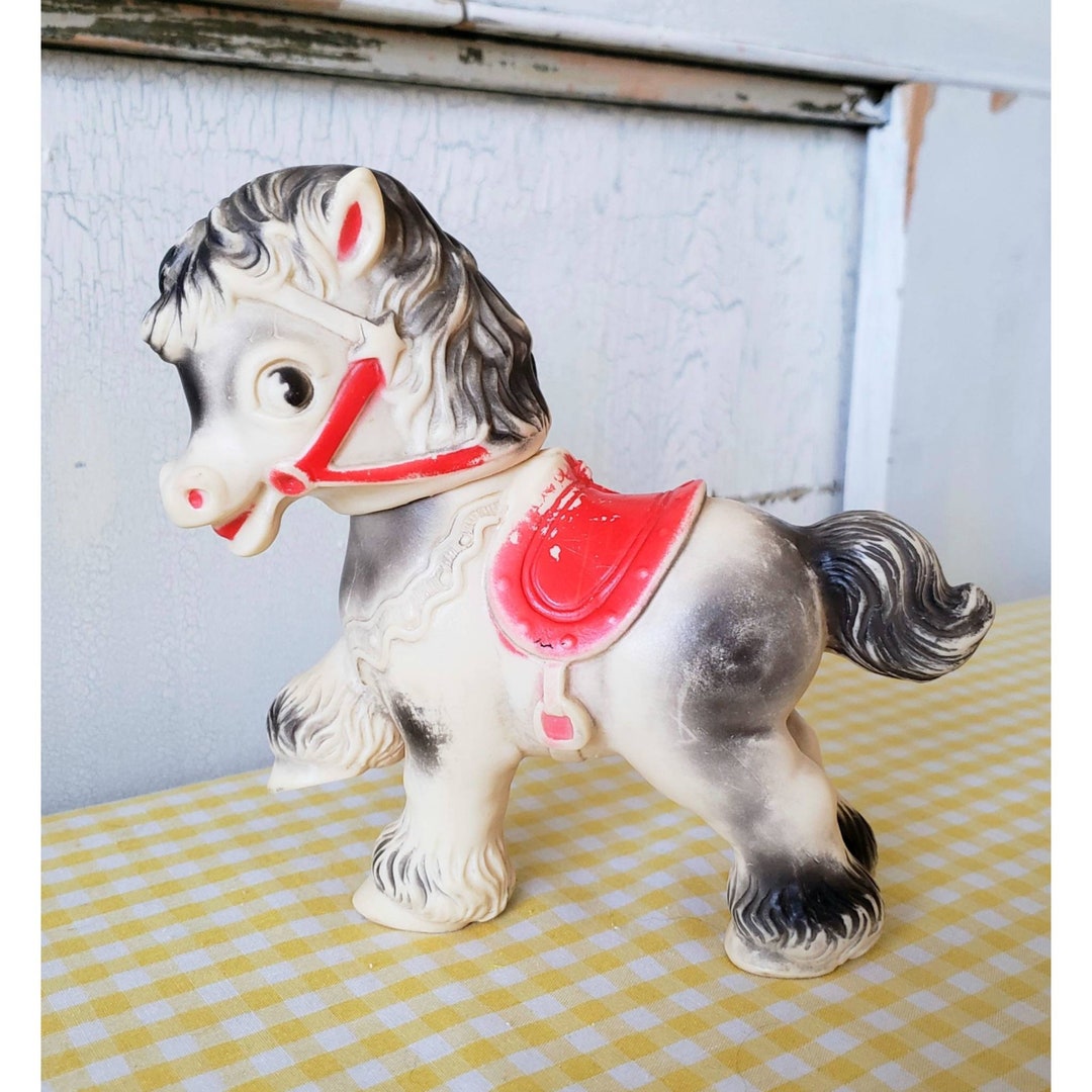 Vintage Horse Squeak Toy Sun Rubber Pony Red Saddle Black Mane Baby ...