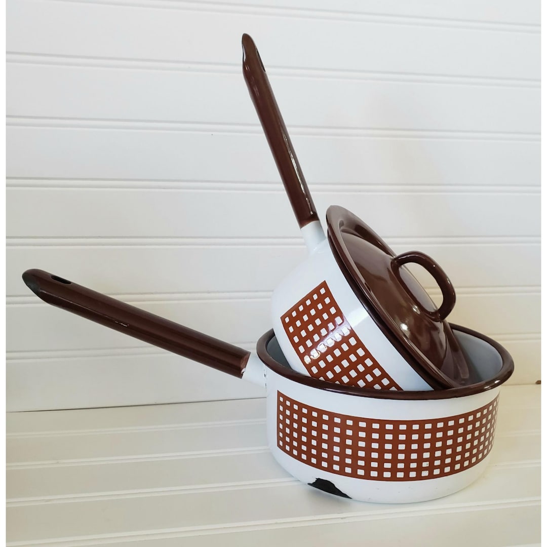 Vintage Enamelware Pots Sauce Pans Brown Gingham Enamel Poland Set Pair ...