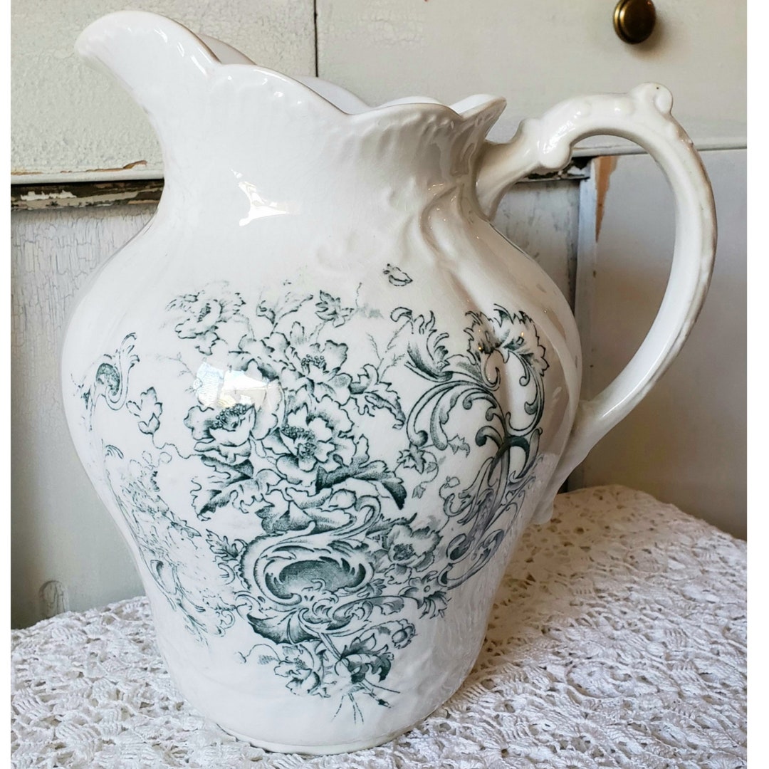 Vintage Large Ironstone Pitcher Green Flowers Transferware 11 Inch ...