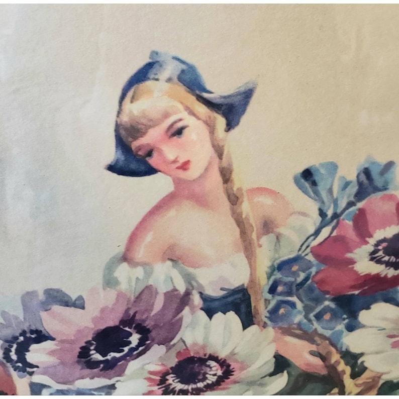 Vintage Large Print of Dutch Girl With Flowers Picture Artist - Etsy